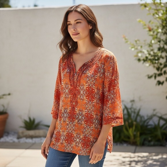 Life Style | Tops | Life Style Womens Orange Paisley Embroidered V Neck ...